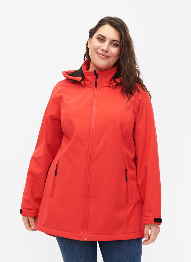 Softshell jakke med aftagelig hætte - Rød - Str. 42-64 - Zizzi