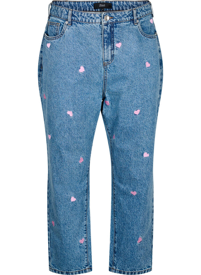 Mille mom fit jeans med broderi - Blå - Str. 48 - Zizzi