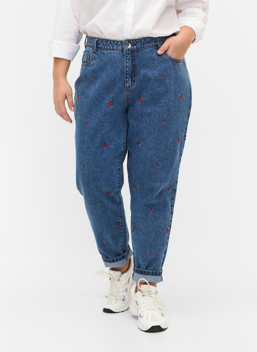 Mille mom fit jeans med broderi - Blå - Str. 40-64 - Zizzi