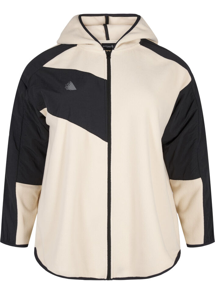 Fleecejakke med hætte og lommer - Beige - Str. 40-64 - Zizzi