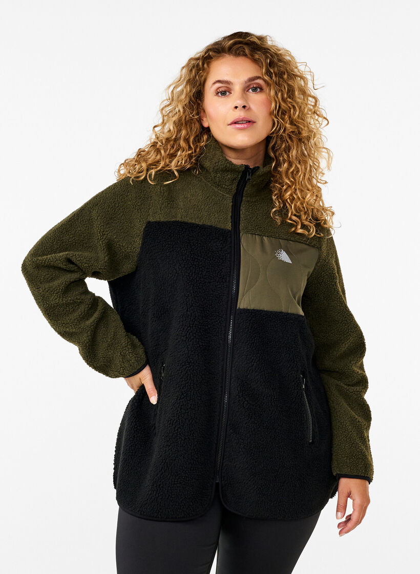 Teddy jakke med colorblock - Grøn - Str. 42-60 - Zizzi