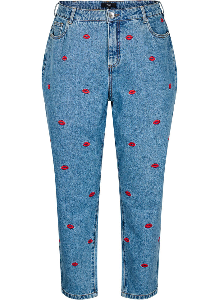 Mille mom fit jeans med broderi - Blå - Str. 40-64 - Zizzi