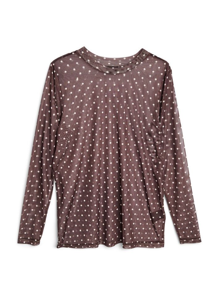 Mesh bluse med prikker - Brun - Str. XXL - Zizzi